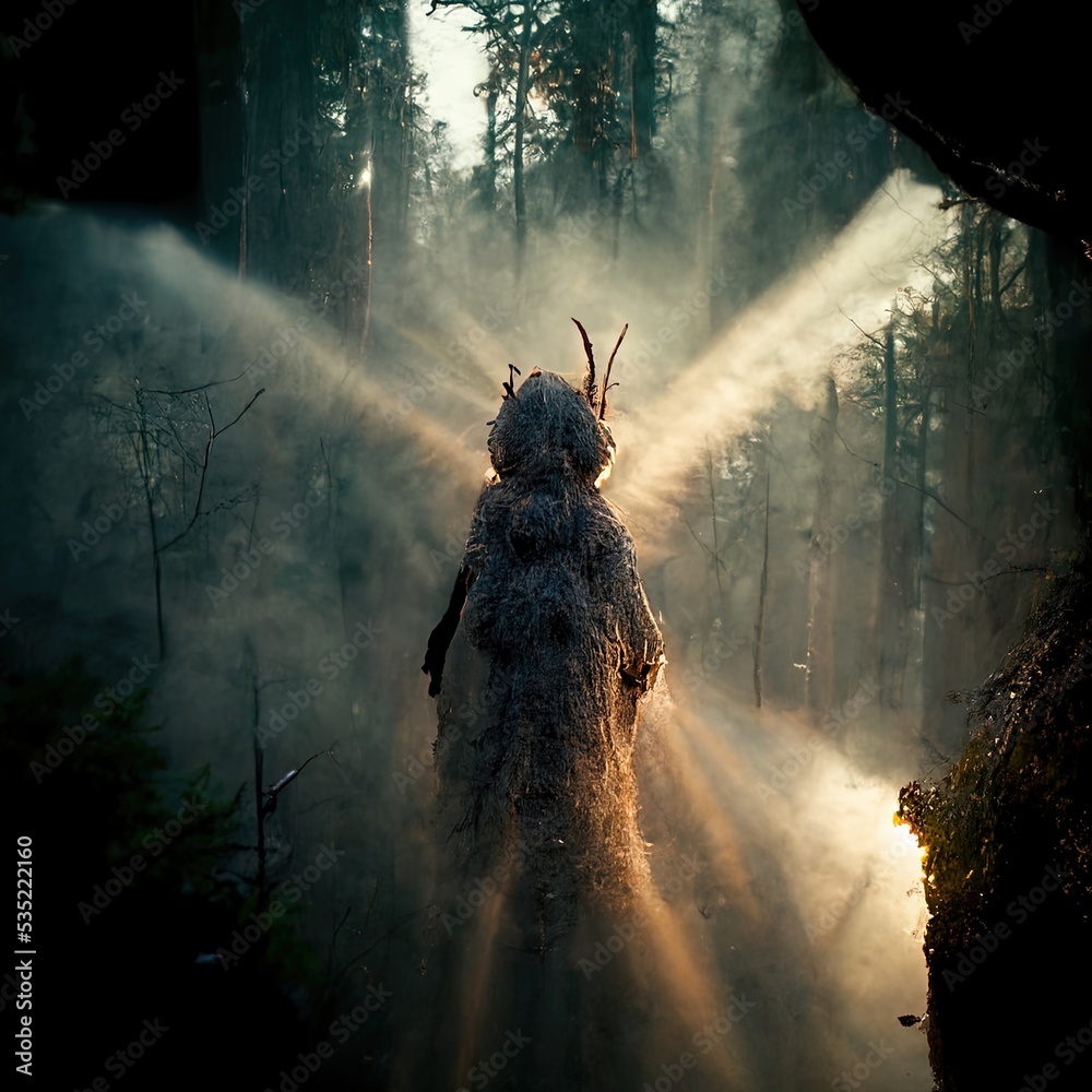 Alien Creature of the woods scene 3D illustration with dramatic ...