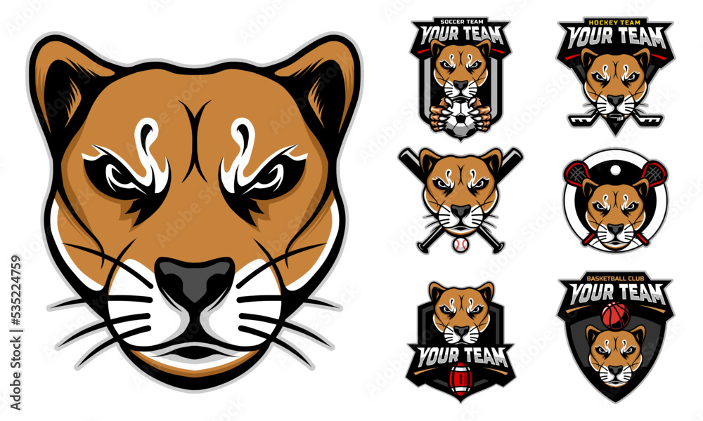 Cougars Head Mascot Logo with logo set for team football, basketball, lacrosse, baseball, hockey ...
