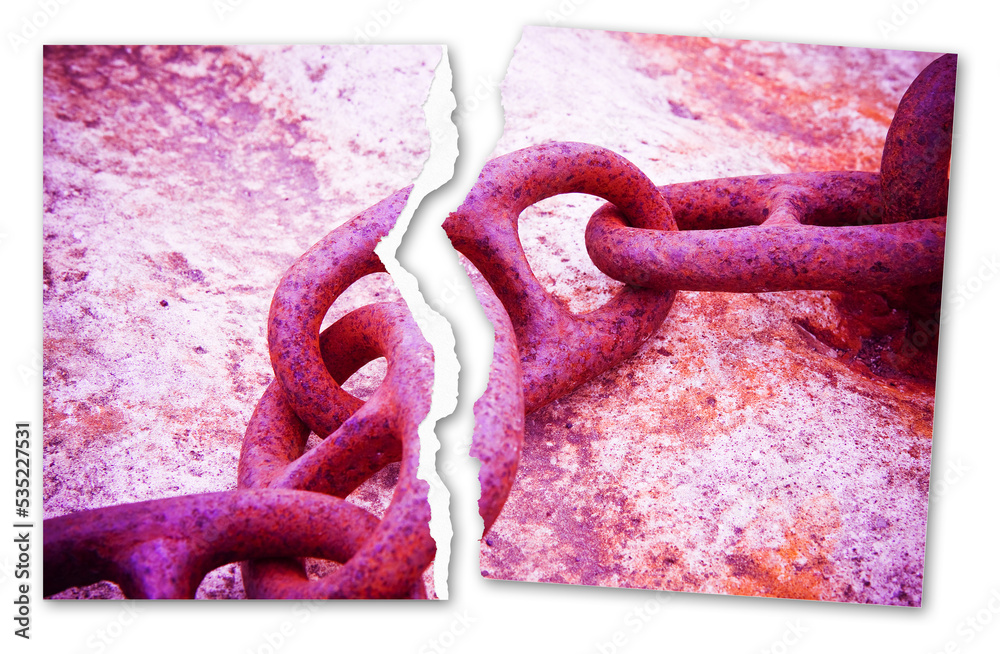 Breaking the chains - concept image with a ripped photo of an old rusty ...
