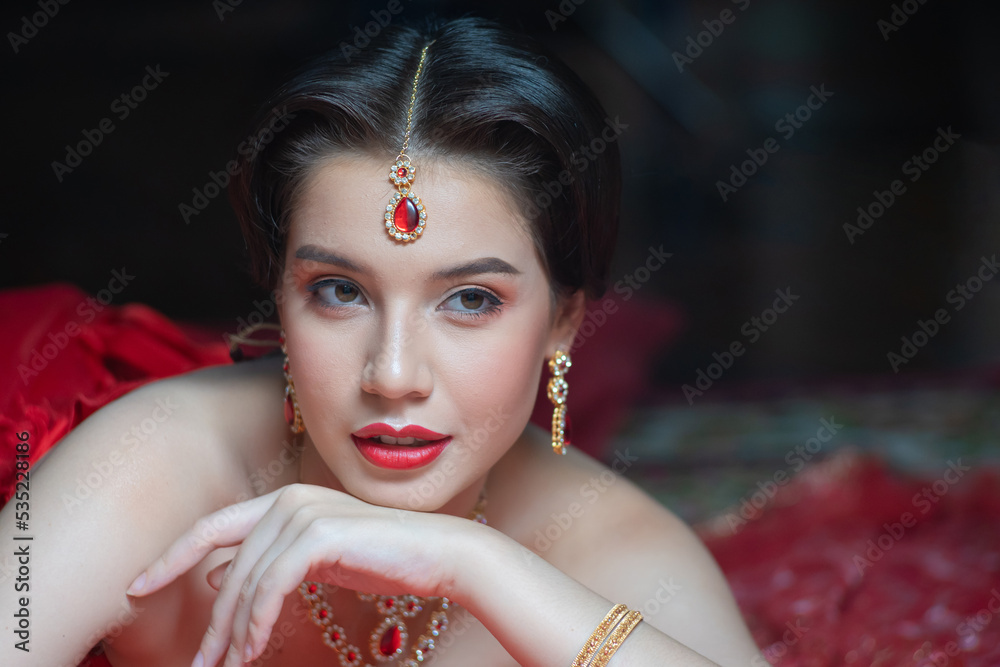 Beautiful Portrait Pretty Woman Red Dressed As An Indian Sexy Girl With Red Lips Young Hindu 0199