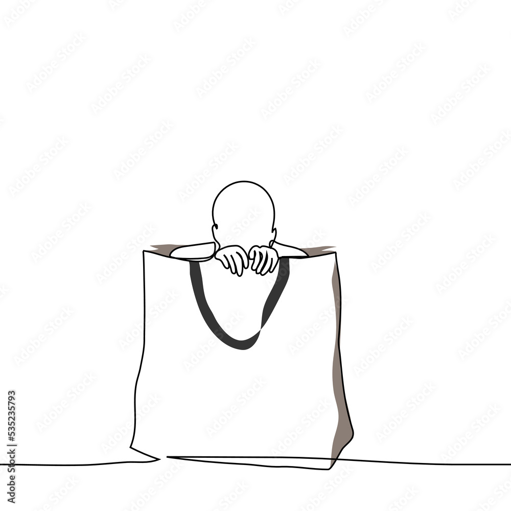 person sits in big bag - one line drawing vector. concept a person is ...