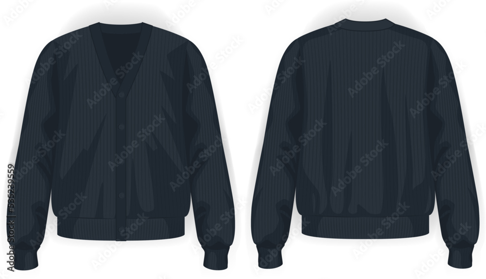 Knit cardigan black v neck with button front and back view, vector ...