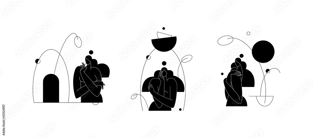 Contemporary woman silhouette vector illustration set. Nude female body ...