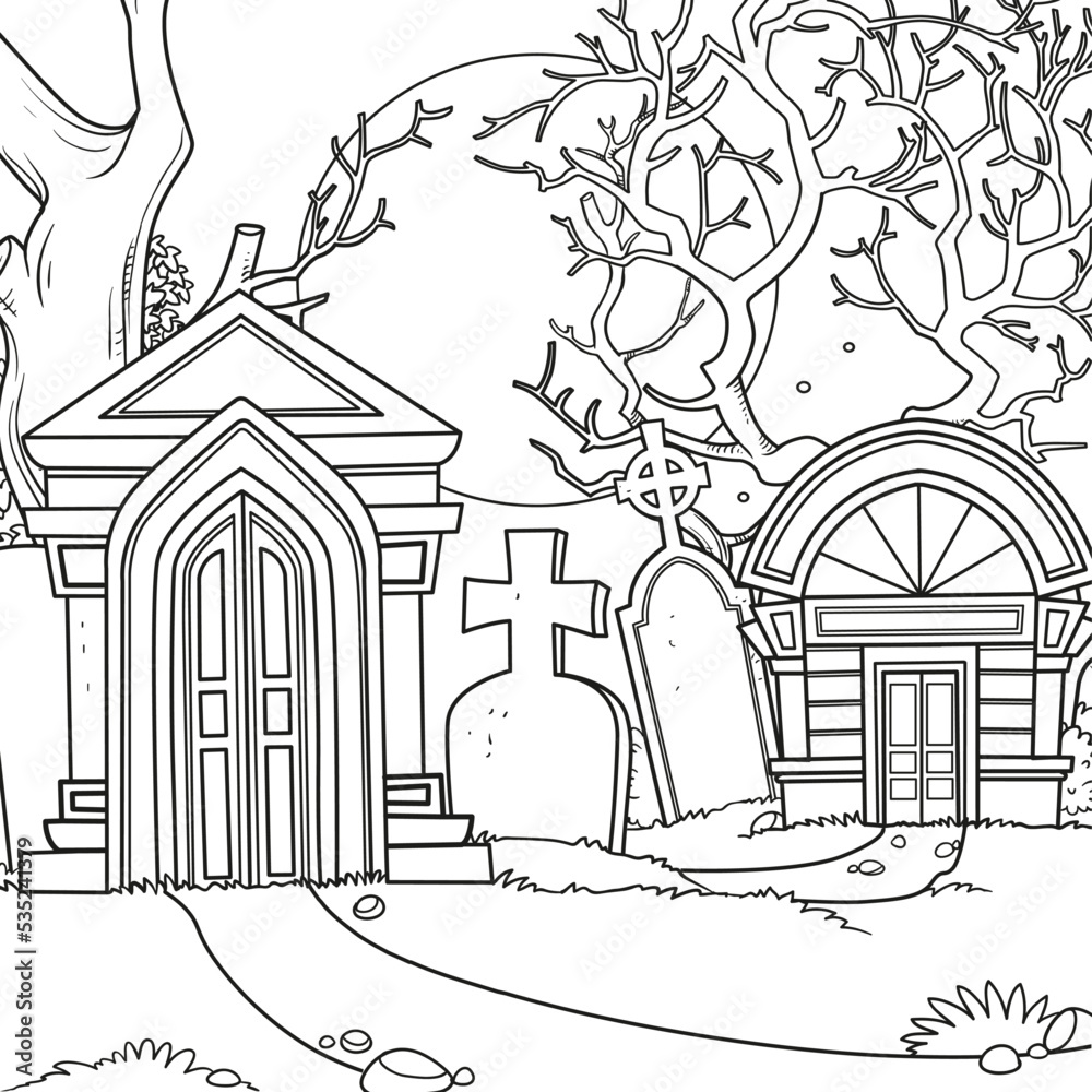 Halloween background cemetery and crypts moon night outlined for ...