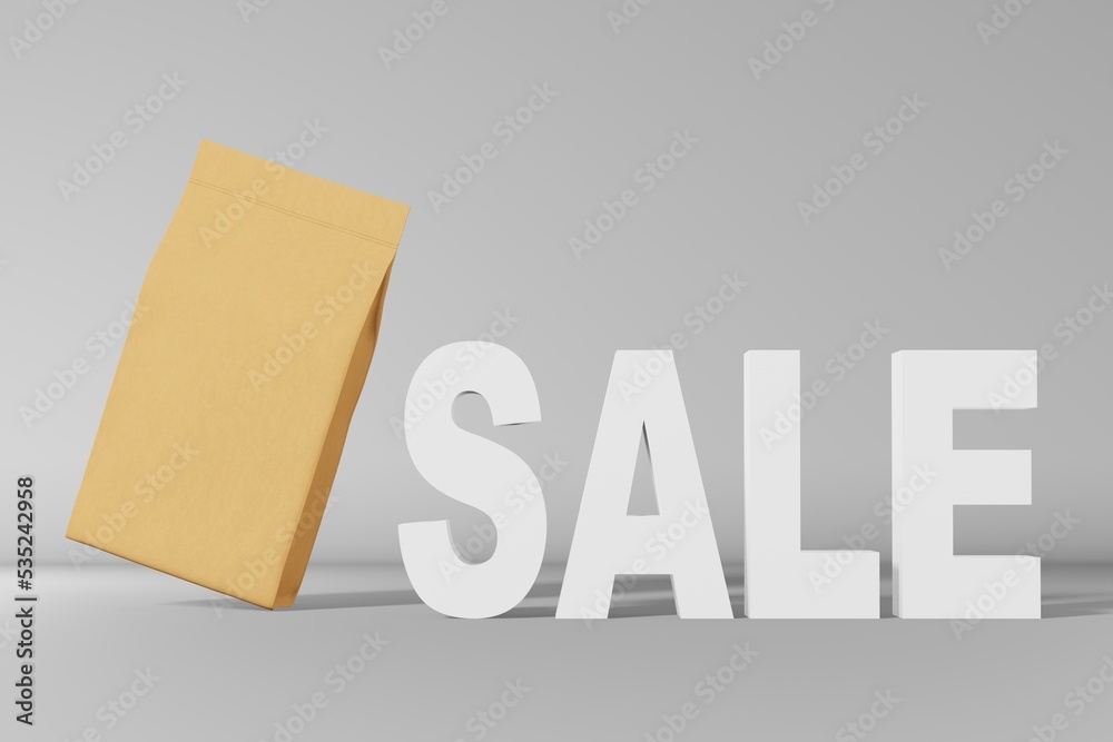 Brown standing pouch bag branding Sale sign 3D rendering on white ...