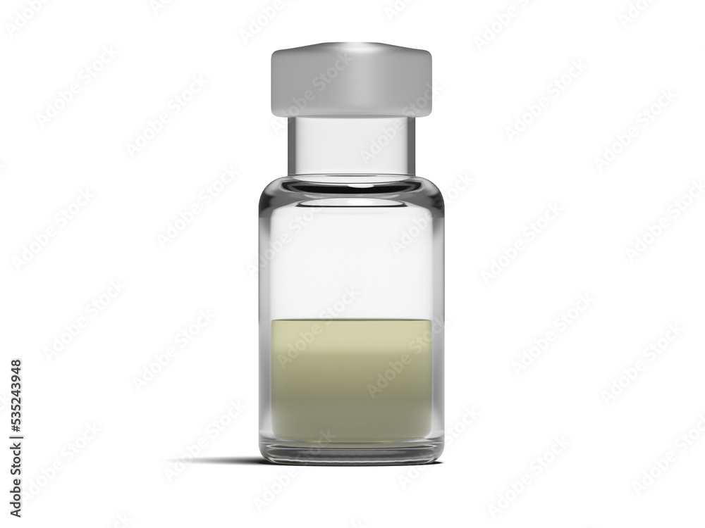 Frontal view of a vial with a light yellow liquid vaccine. Isolated. No ...