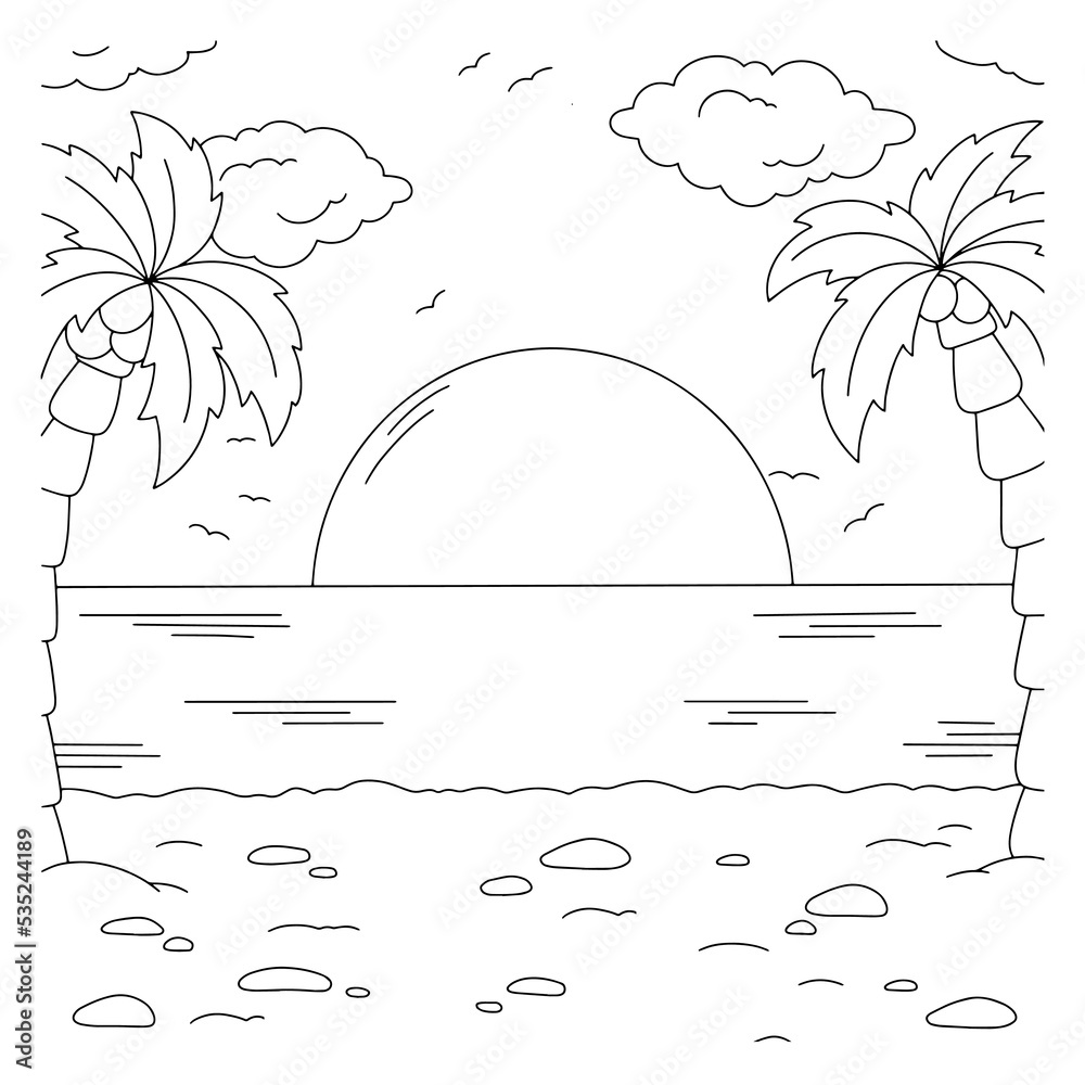 Wonderful natural landscape with beach. Coloring book page for kids ...