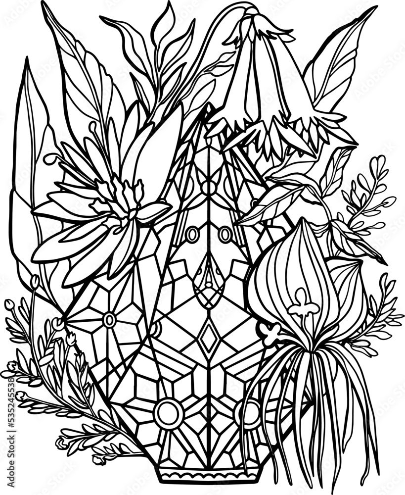 Fantasy flowers and leaves with ornamental gemstone. Coloring page ...