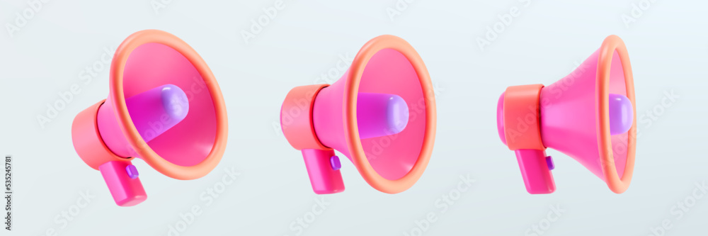 3d pink megaphone icons set isolated on gray background. Render of ...