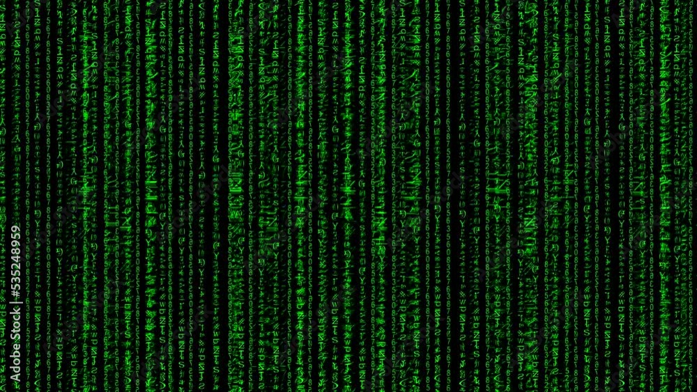 Abstract background of randomly moving green numbers and strange ...