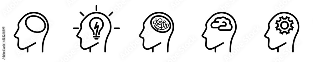 Conjunto de iconos de cabeza humana de pensamiento. Cabeza de engranaje ...