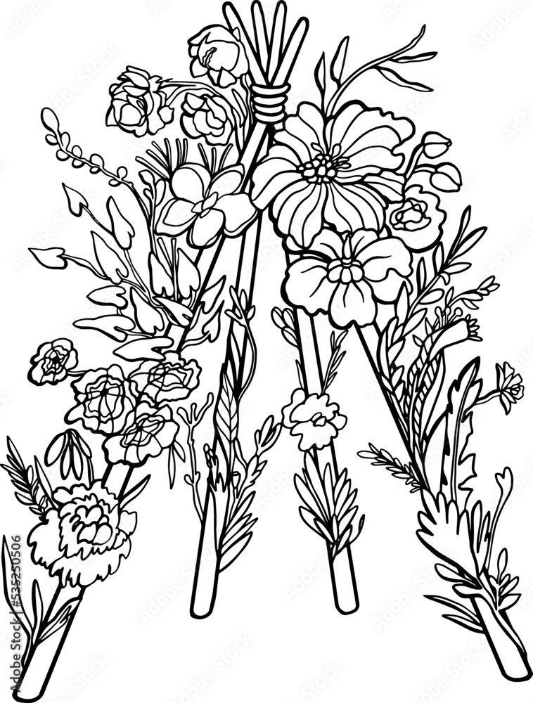 Arch of branches is decorated with fantasy flowers and leaves. Coloring ...