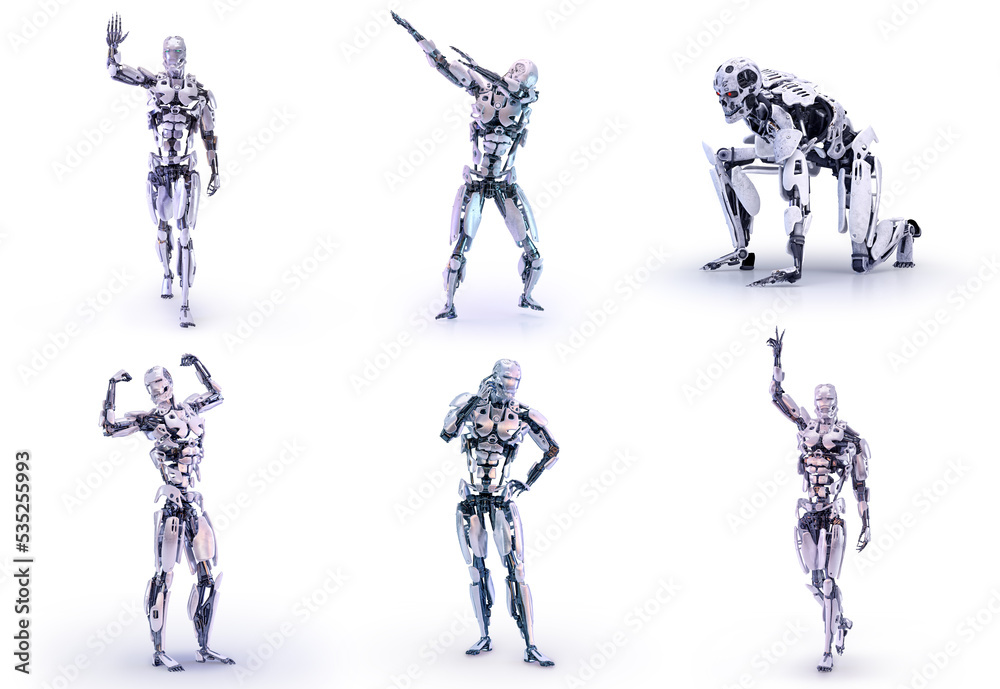 Humanoid robots posing. AI cyber bots characters. Future Android robots, industry digital ...