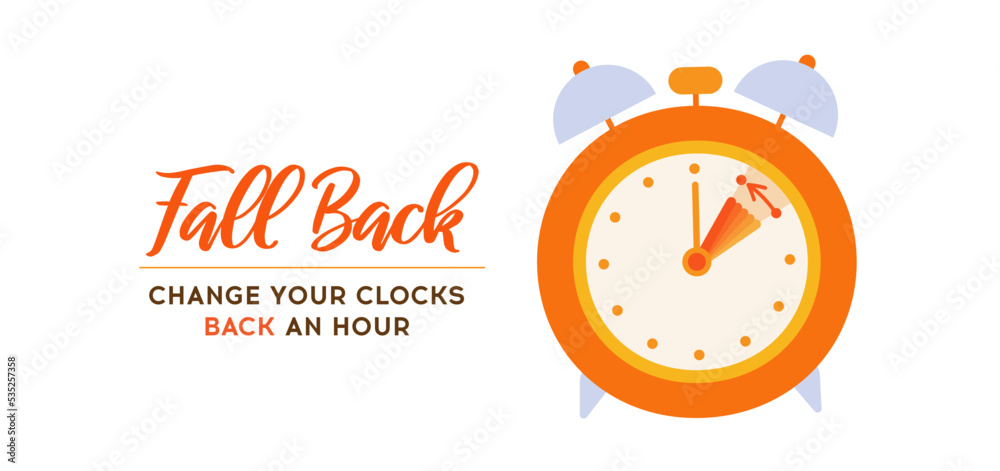 Daylight saving time ends, Fall Back concept banner. Clock change back ...
