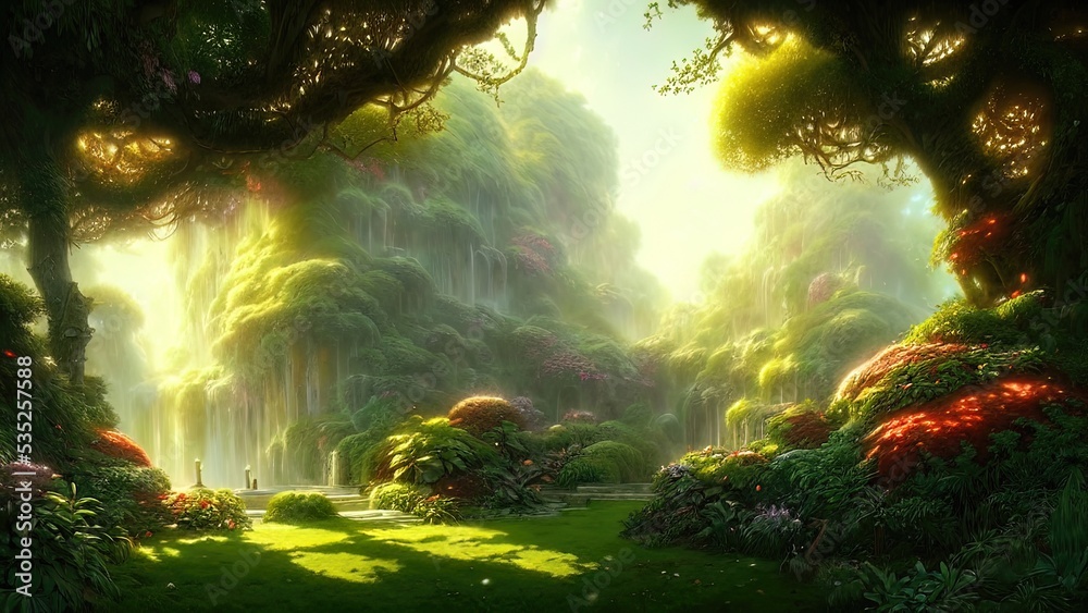 Garden of Eden, exotic fairytale fantasy forest, Green oasis. Unreal fantasy landscape with ...