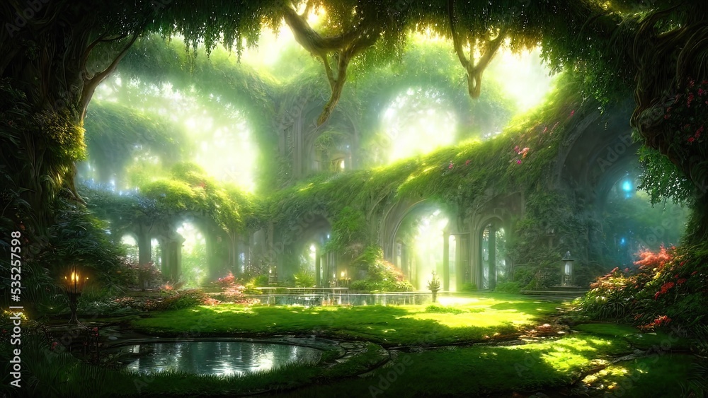 Garden of Eden, exotic fairytale fantasy forest, Green oasis. Unreal fantasy landscape with ...