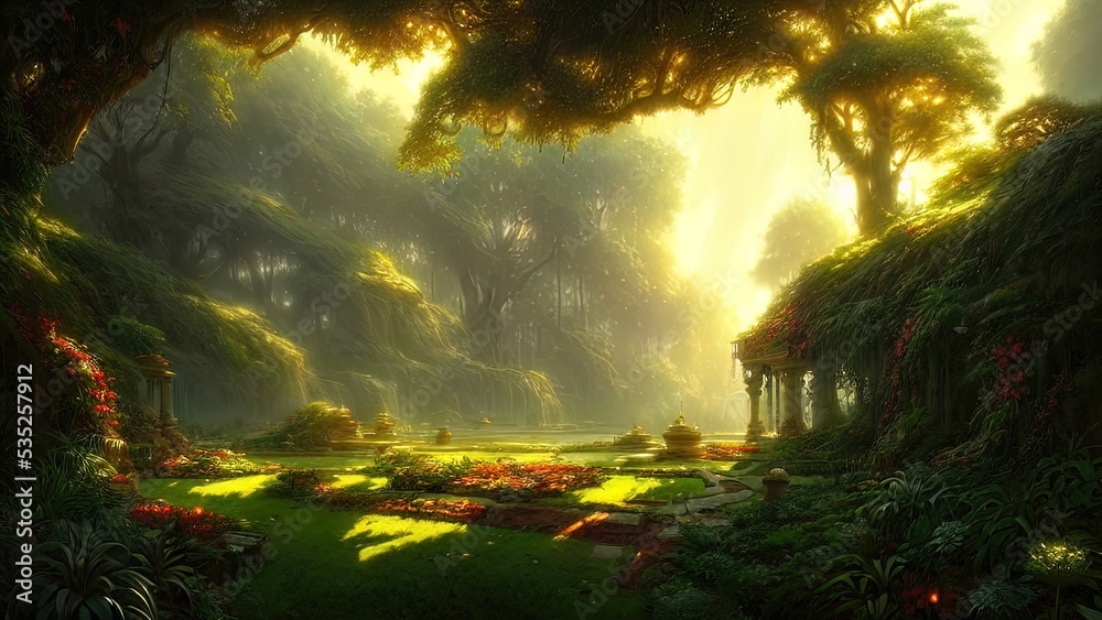 Garden of Eden, exotic fairytale fantasy forest, Green oasis. Unreal fantasy landscape with ...
