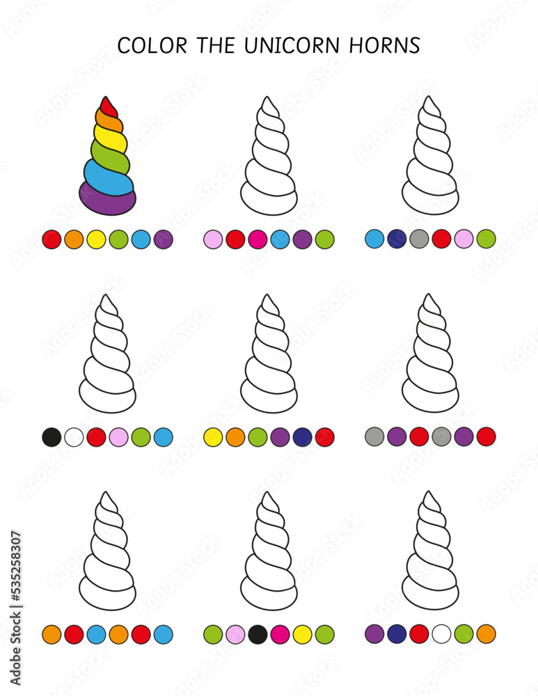 Color the unicorn horns by code. Preschool and kindergarten coloring ...