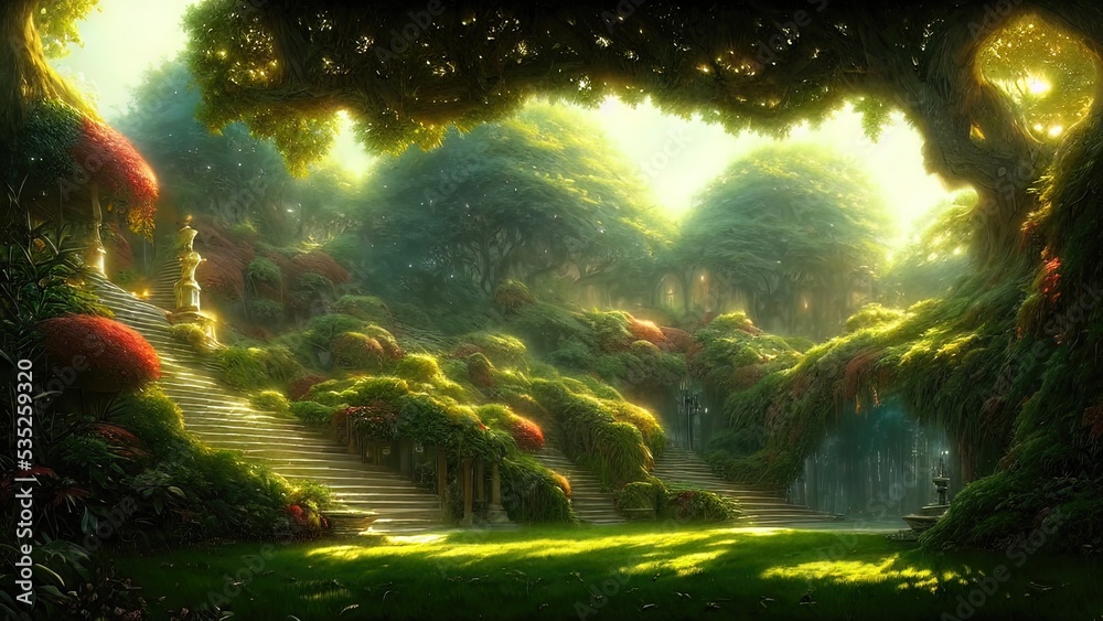 Garden of Eden, exotic fairytale fantasy forest, Green oasis. Unreal fantasy landscape with ...
