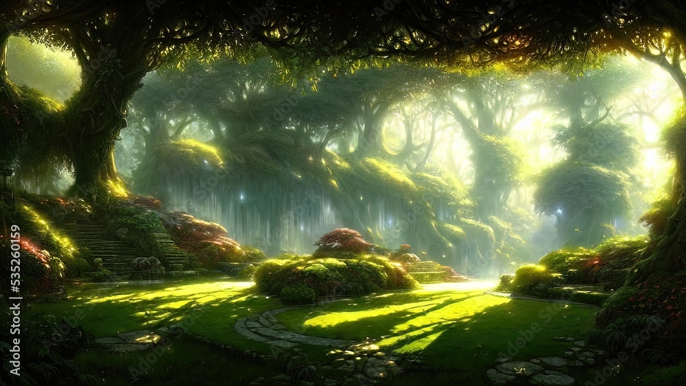 Garden of Eden, exotic fairytale fantasy forest, Green oasis. Unreal fantasy landscape with ...