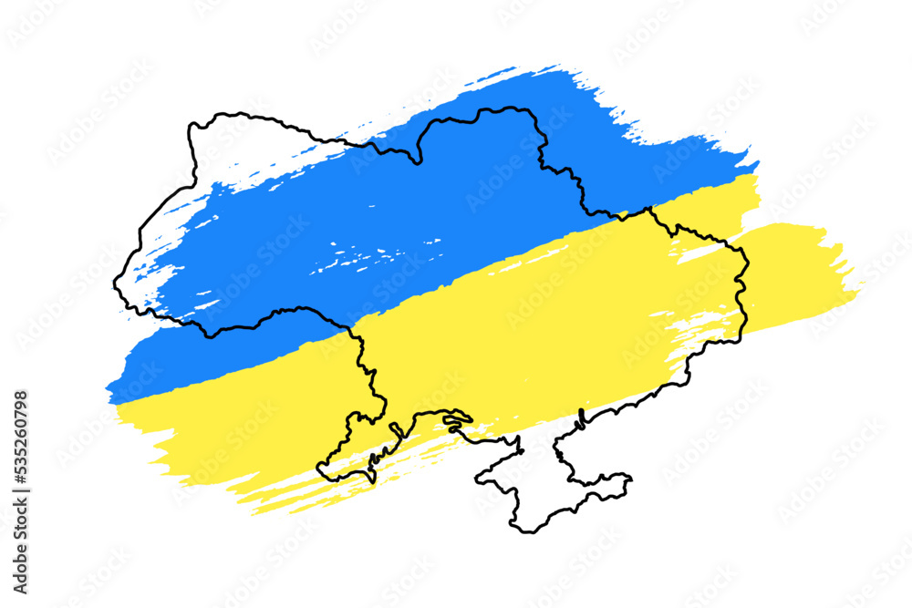 Ukrainian flag grunge brush stroke, map outline, isolated white ...