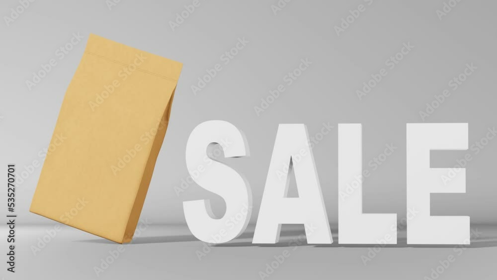 Brown standing pouch bag branding Sale sign 3D animation rotating white ...