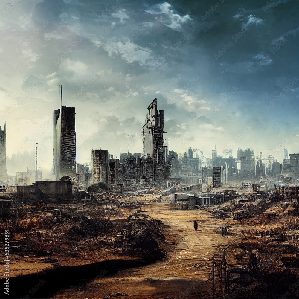 Empty ruined city. Post-apocalypse, houses and roads illustration ...