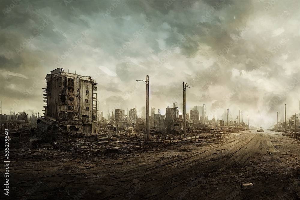 Empty ruined city. Post-apocalypse, houses and roads illustration ...