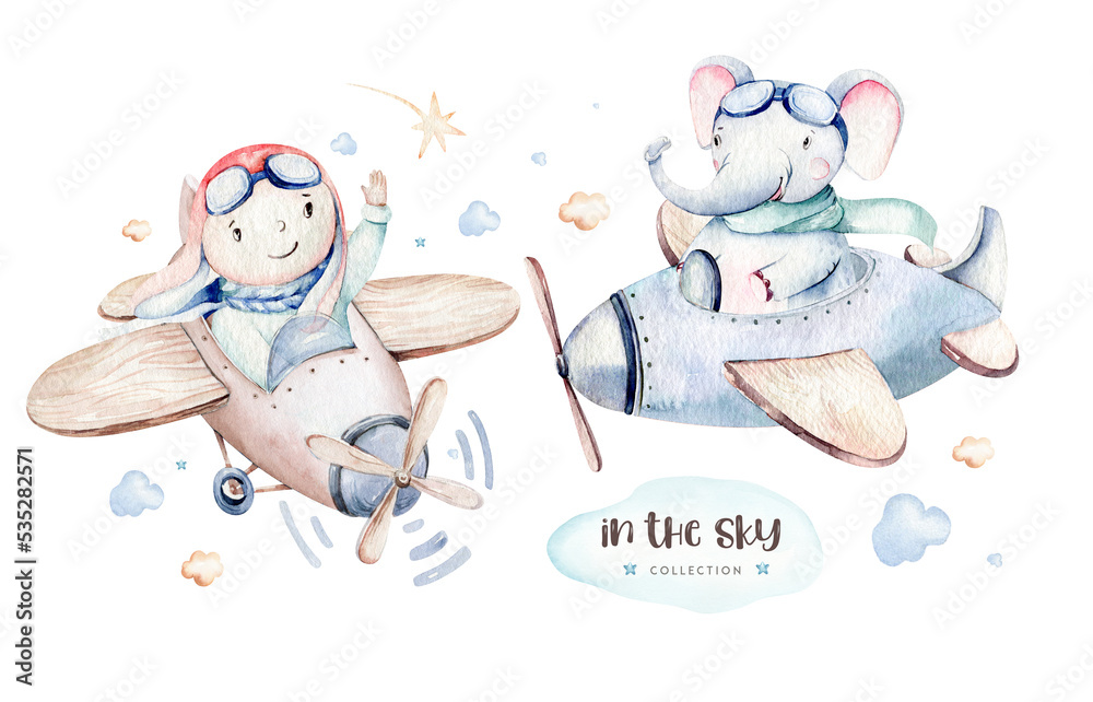 Watercolor set baby cartoon cute boy pilot and baby elephant aviation ...