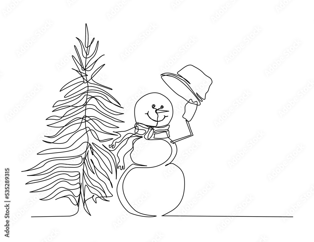 Continuous one line drawing of snowman and crhismas tree. Winter ...