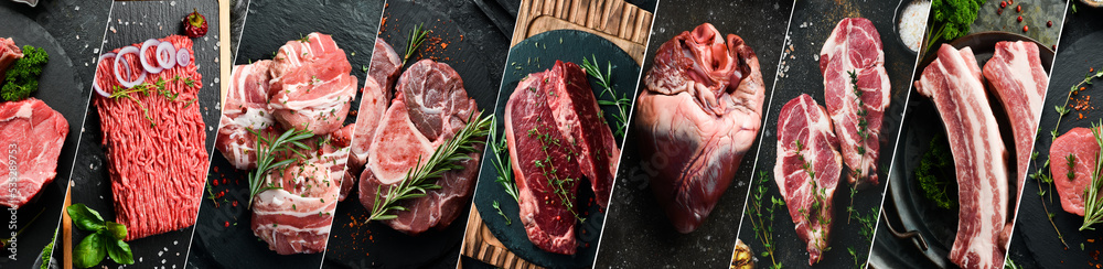 Background: meat and steak. Set of different types of meat. Photo ...
