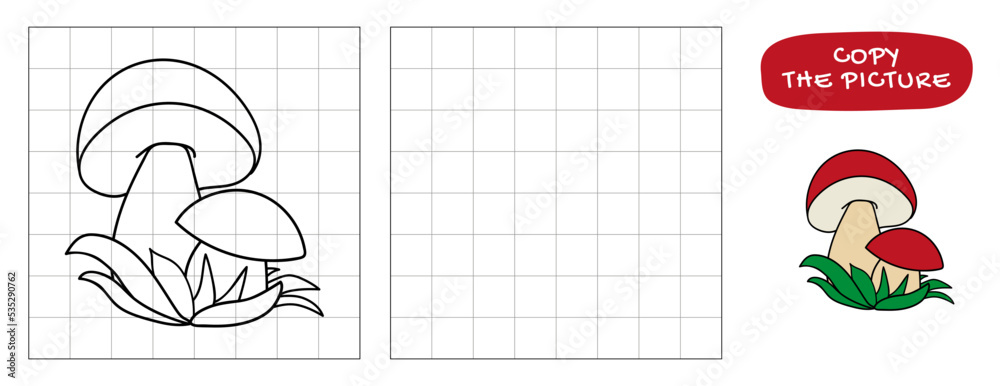 Copy the symmetrical pattern of mushrooms in cages. Drawing task for ...