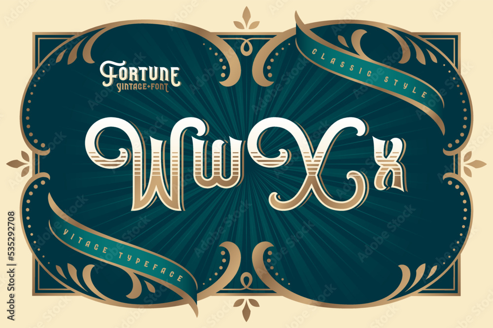 Fortune Vintage vector font set with decorative design elements Stock ...