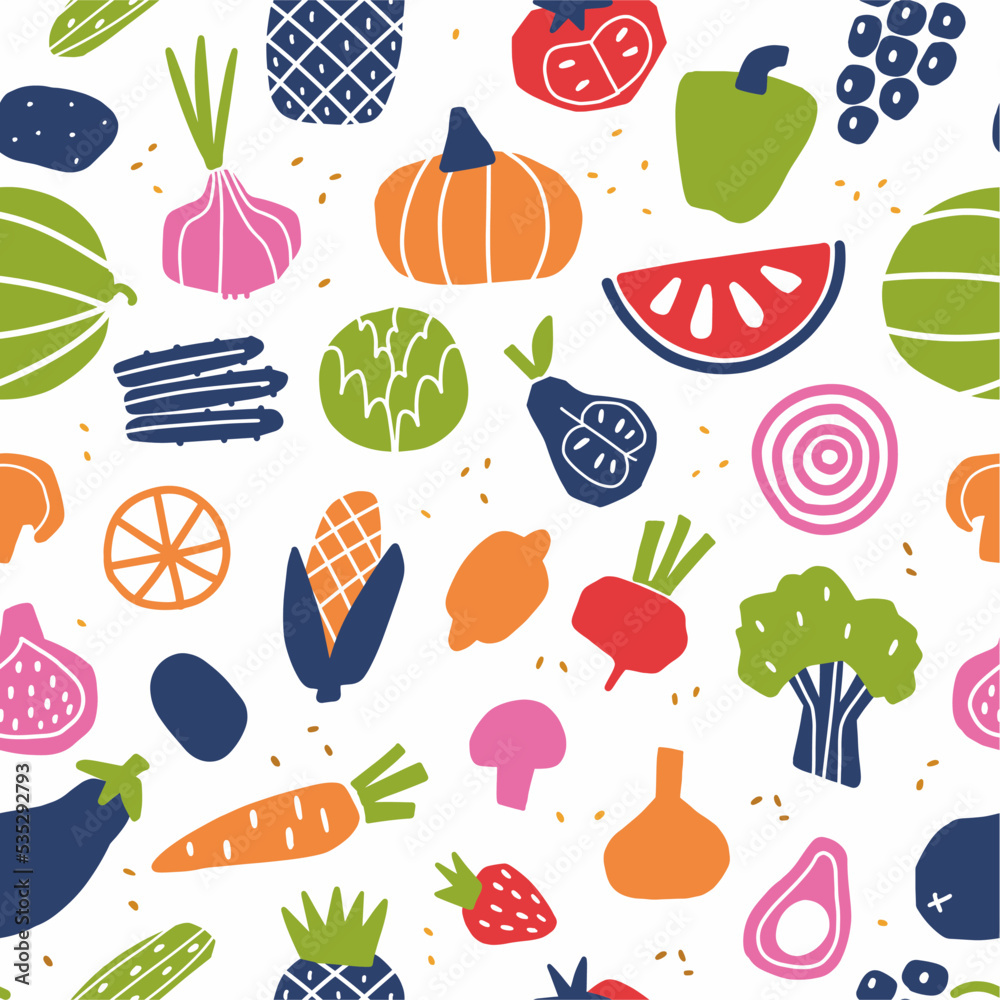 Vector pattern of stylized fruits and vegetables in Scandinavian style ...