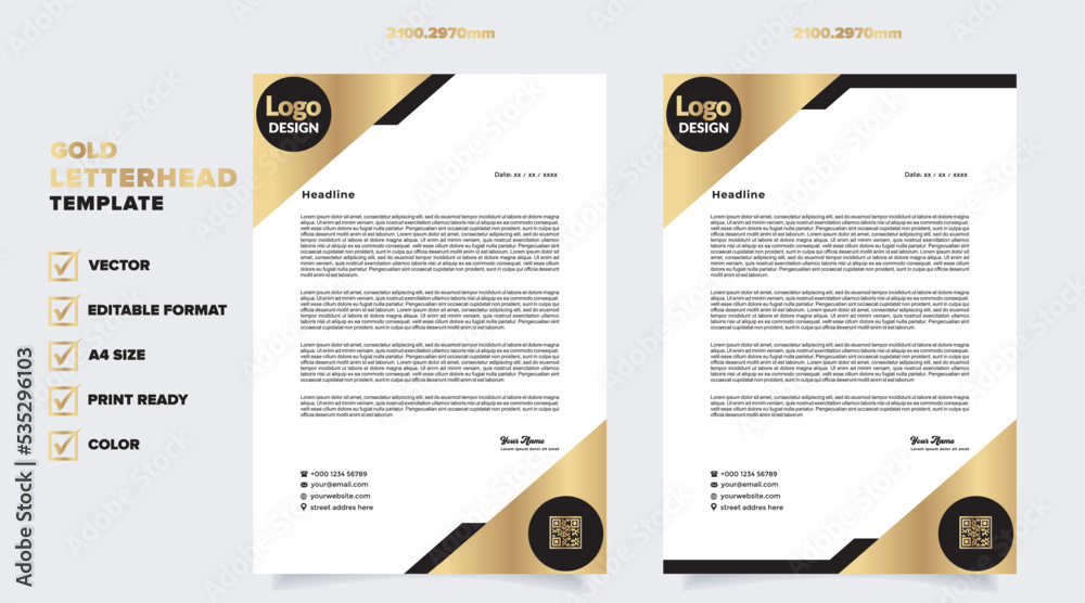 gold letterhead template for business company stationery design with A4 ...