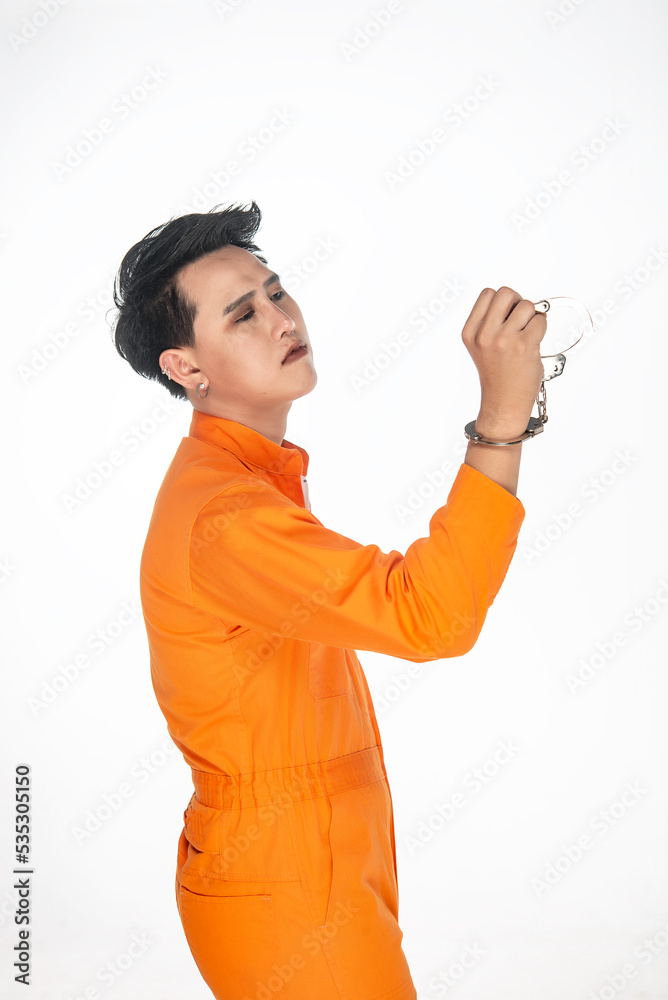 Portrait of prisoner on white background,Asian bad guy,The criminal was ...