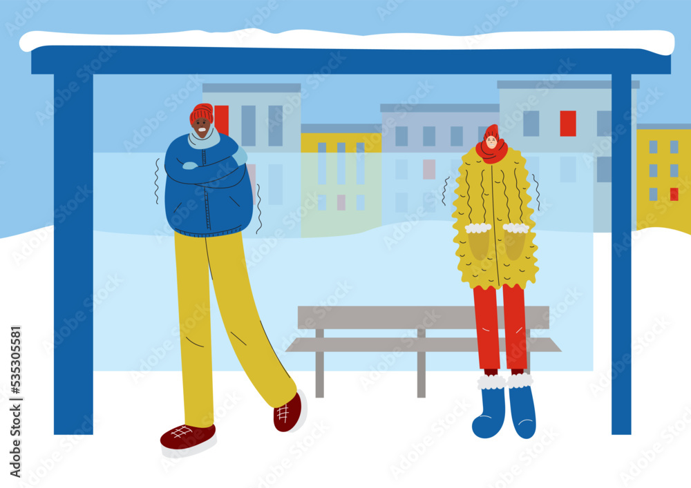Frozen people waiting for bus for long time. Man and woman character on ...