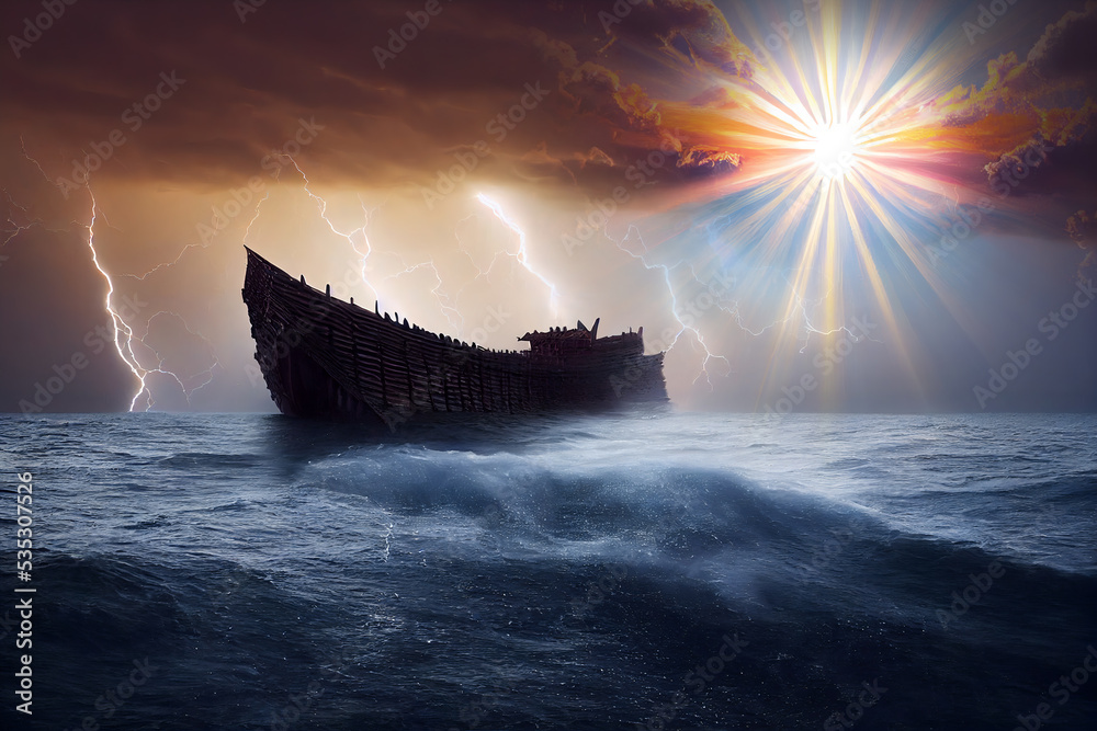 Noah's ark in a stormy sea, lightning strikes, divine light of salvation, the concept of the ...