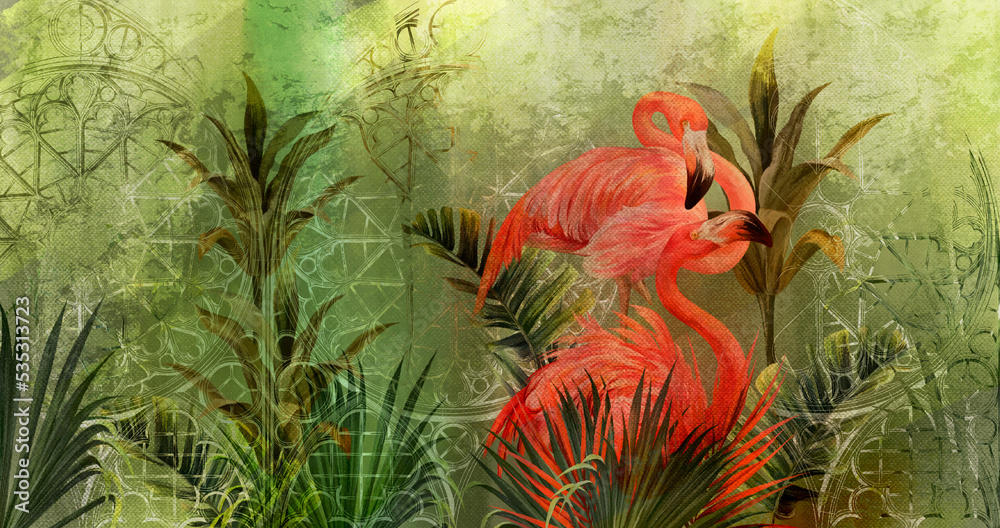 Flamingo on a texture background in tropical leaves, art drawing on the ...