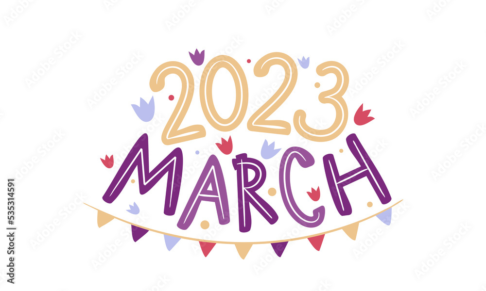 March 2023 logo with hand drawn tulips and garland. Months emblem for ...