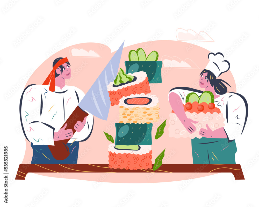 Japanese seafood sushi restaurant professional cooks or sushi makers ...