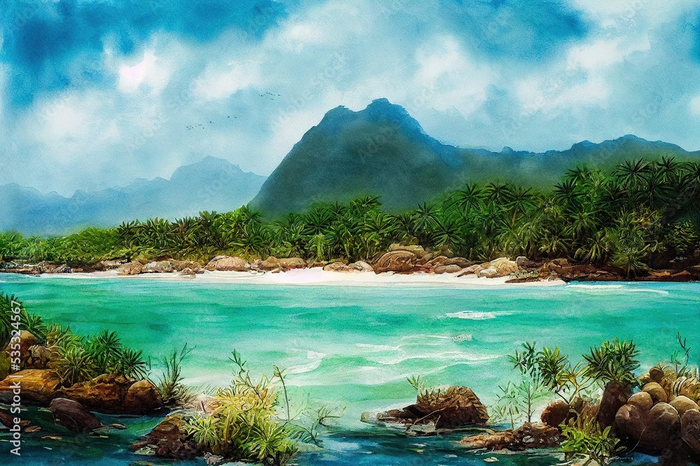 Watercolor and pastel drawing nature landscape, tropical travel and ...