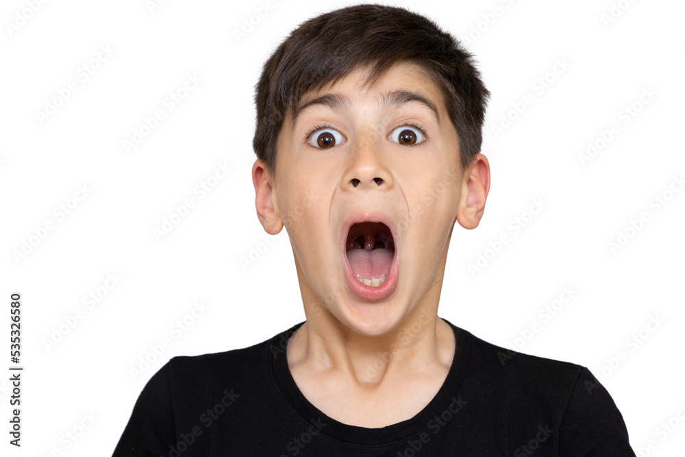 Little boy asian kid wearing casual black tshirt scared and amazed with ...