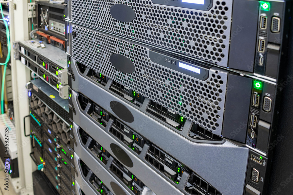 The front panel of powerful servers is in the data center. Computers ...