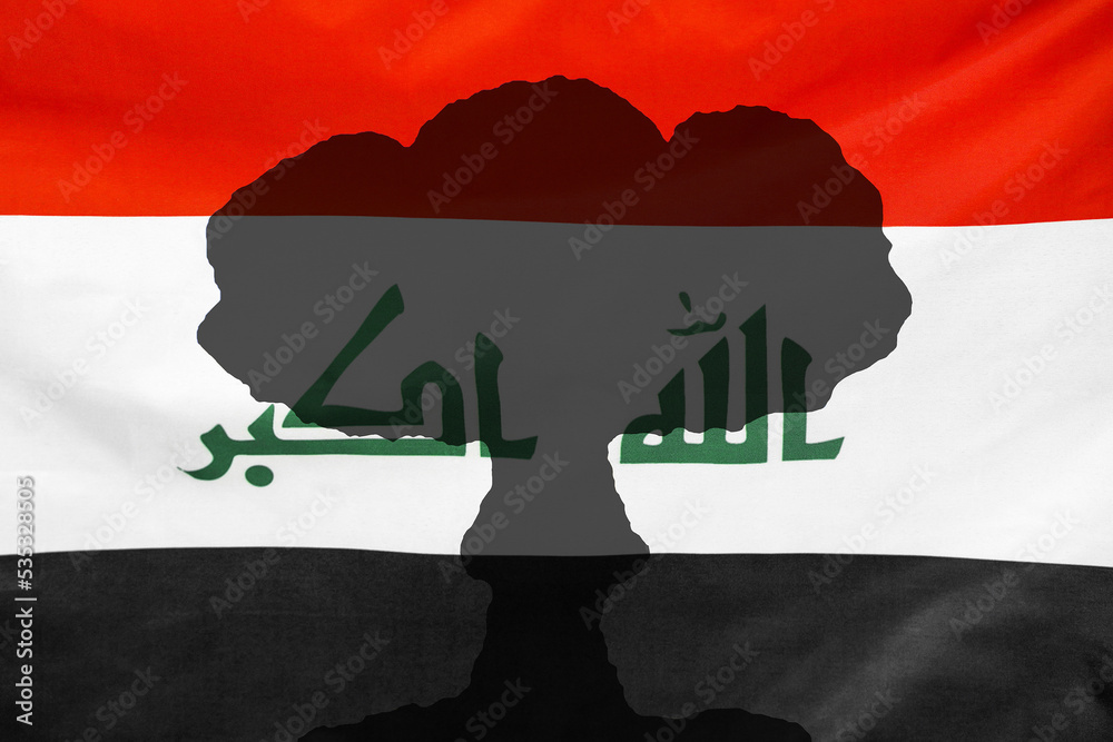 Atomic bomb explosion mushroom on Iraq flag background. Nuclear ...