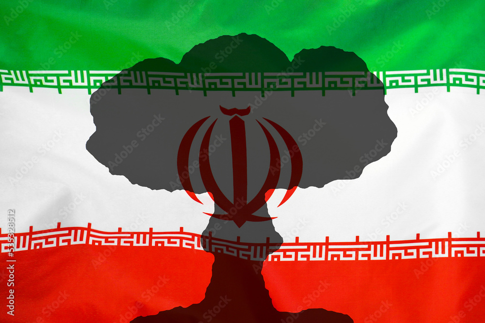 Atomic bomb explosion mushroom on Iran flag background. Nuclear ...