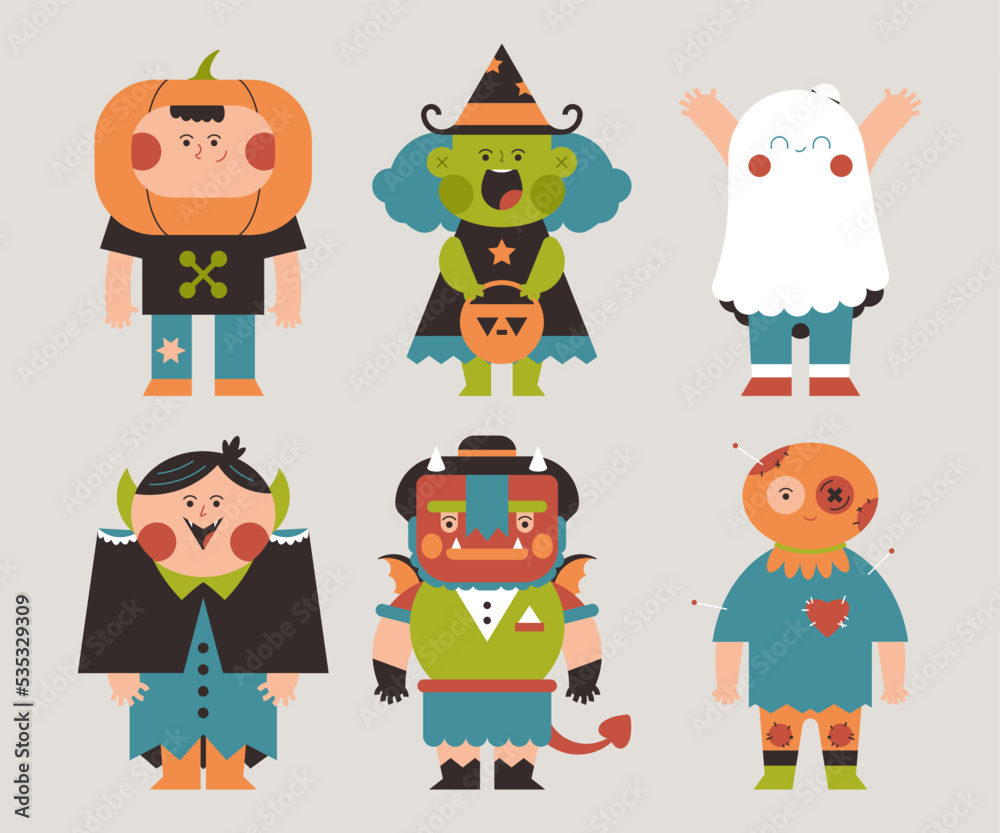 Kids in Halloween costumes vector cartoon characters set isolated on ...
