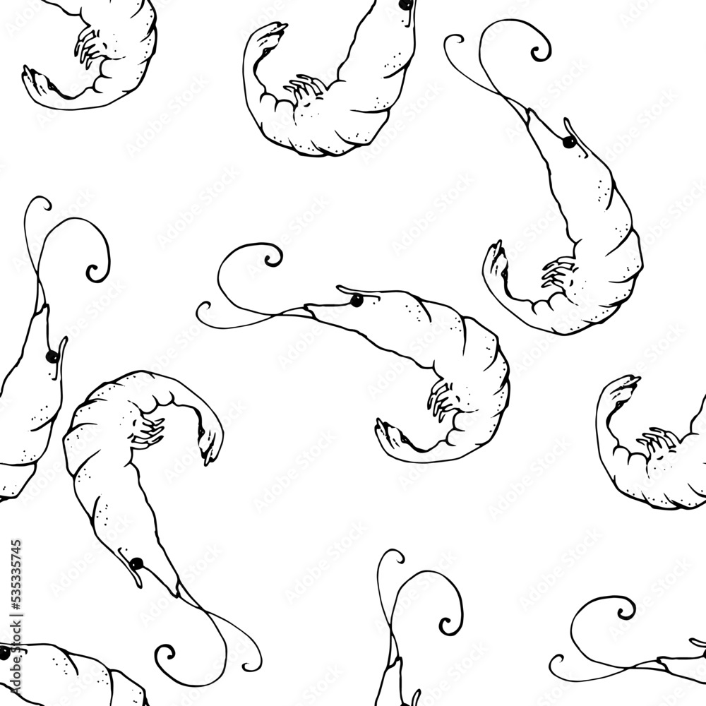 Vector seamless pattern of randomly arranged curved shrimp with a black ...