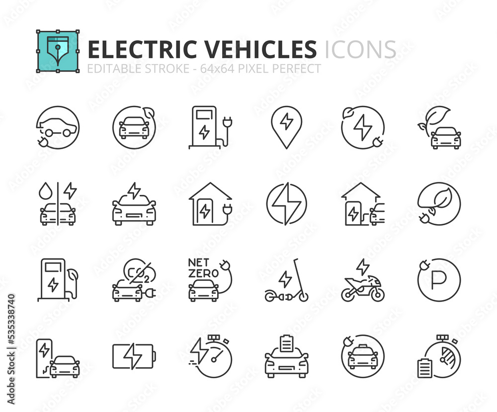 Simple set of outline icons about electric vehicles. Sustainable ...