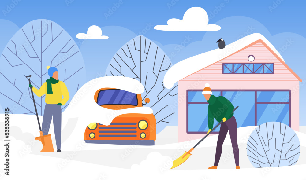 People with shovels clean city street from heavy piles of snow after ...